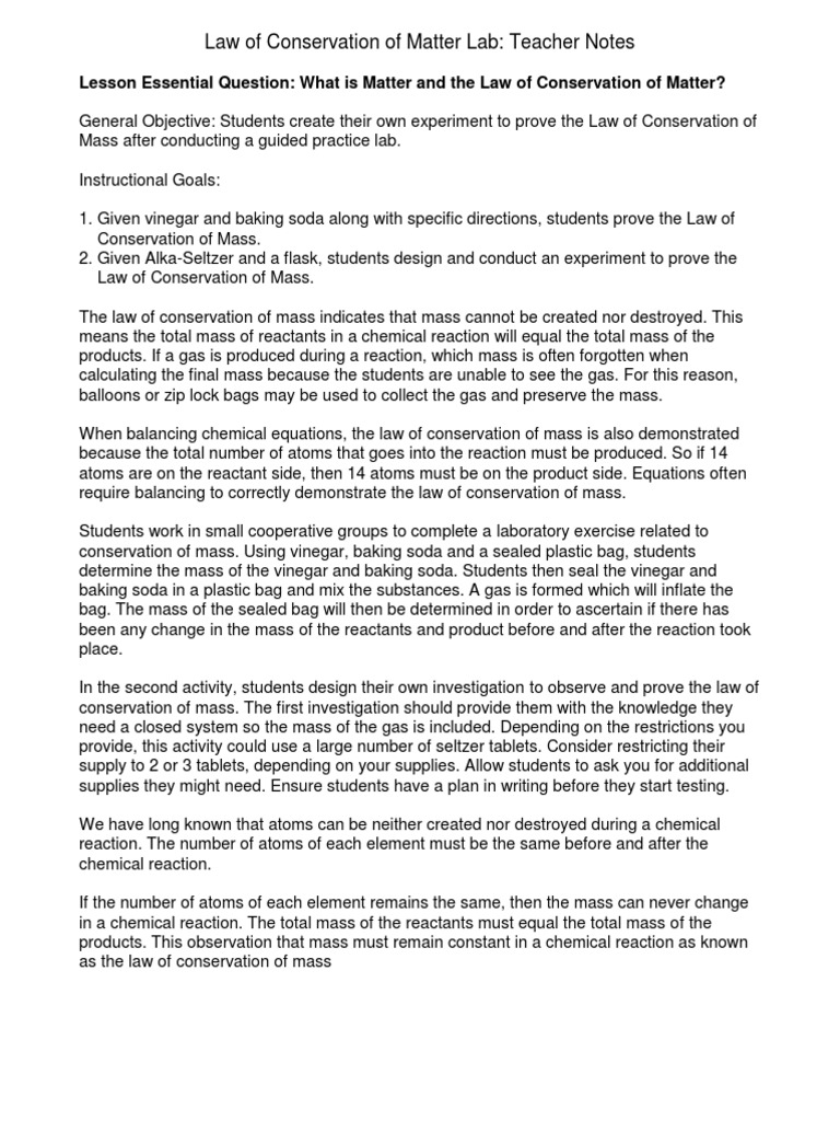 Law of Conservation of Matter Lab: Teacher Notes | PDF | Sodium ...