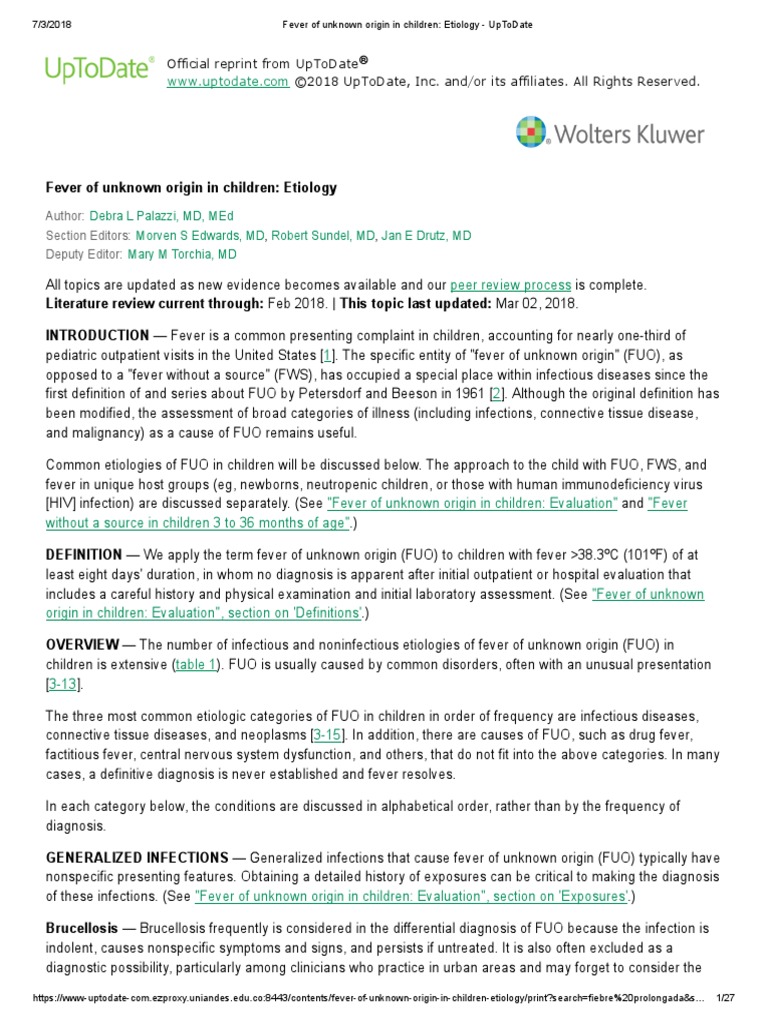 Fever of Unknown Origin in Children - Etiology - UpToDate | PDF ...