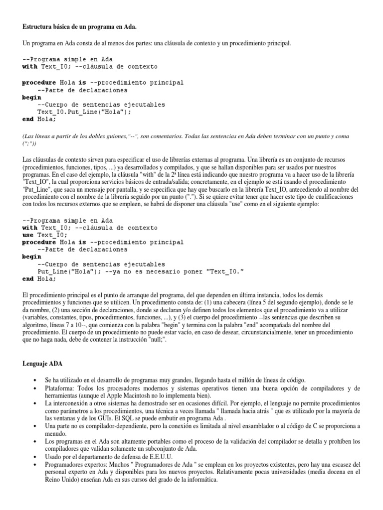 Estructura Básica de Un Programa en Ada | PDF | Lenguaje de ...