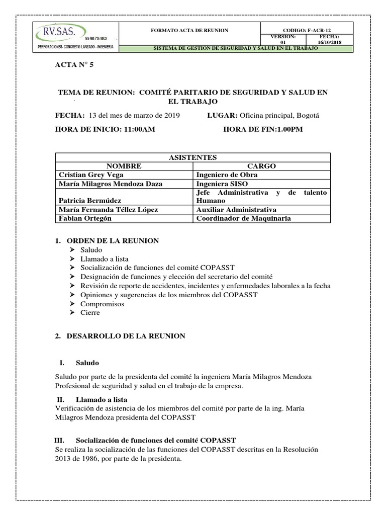 Acta de Reunión COPASST N° 5 | PDF | Gobierno | Salud y bienestar