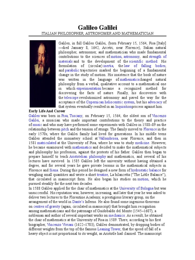 Galileo Galilei: Early Life and Career | PDF | Galileo Galilei | Isaac ...