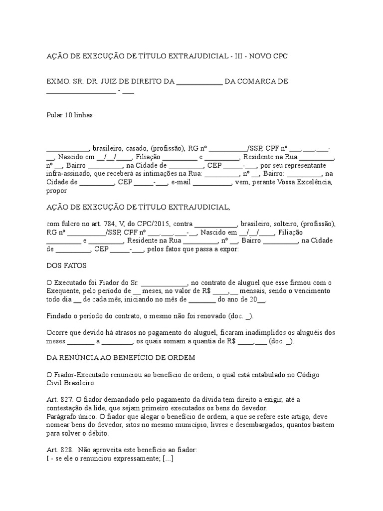 Ação de Execução de Título Extrajudicial - III - Novo Cpc | Conceitos ...