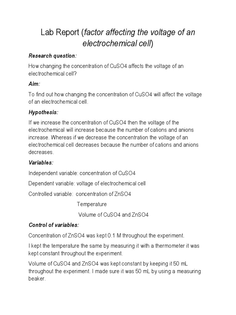 Lab Report (Factor Affecting The Voltage of An Electrochemical Cell ...