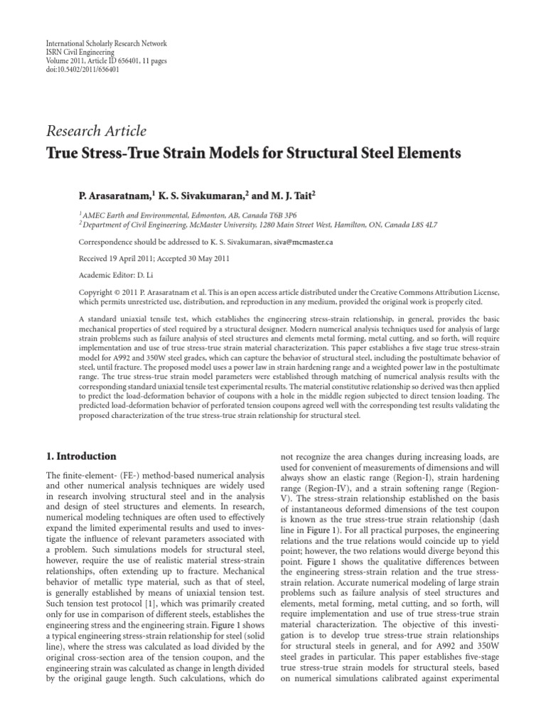 True Stress-True Strain Models For Structural Stee | PDF | Deformation ...