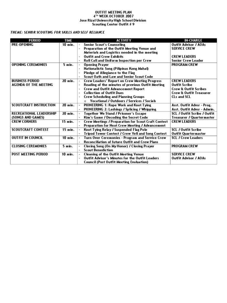 BTC Oa Outfit Meeting Plan | PDF | Youth Organizations | Scouting
