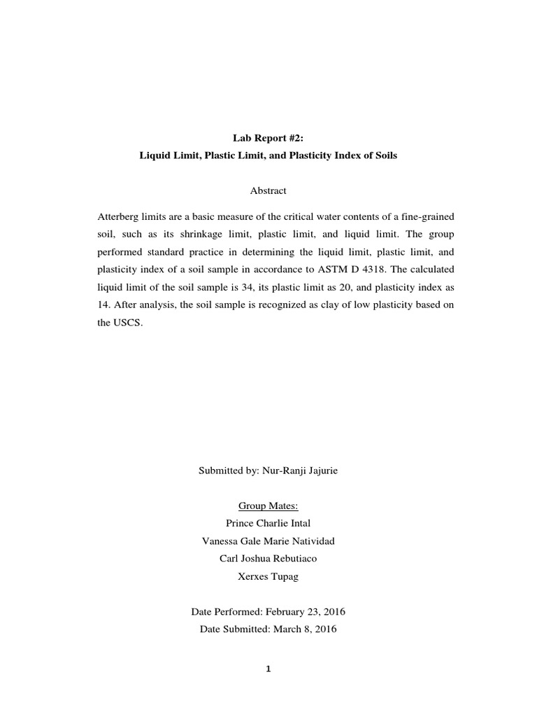 Lab Report #2: Liquid Limit, Plastic Limit, and Plasticity Index of ...