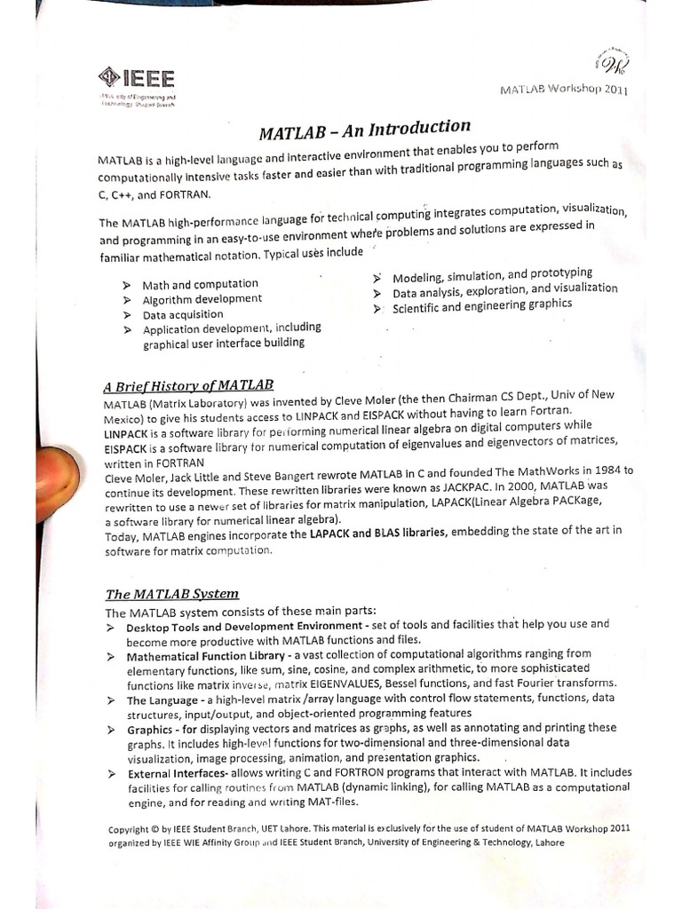 Matlab Workshop Manual | PDF