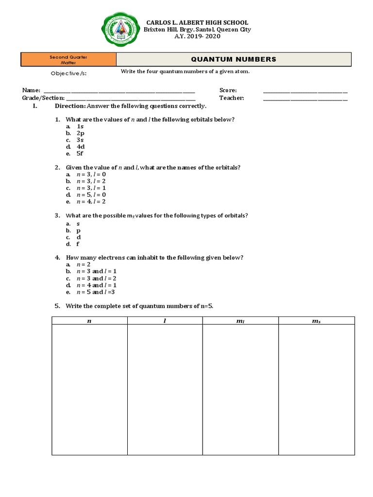Quantum Numbers MCQ Worksheet | PDF