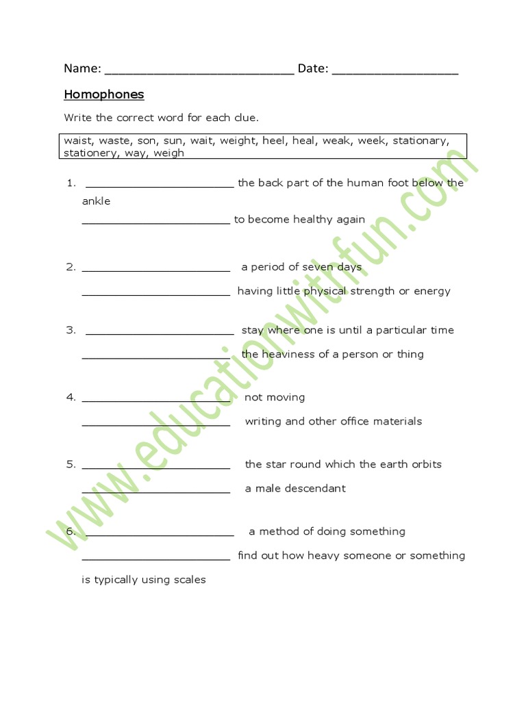 Homophones Practice Worksheet | PDF | Wellness