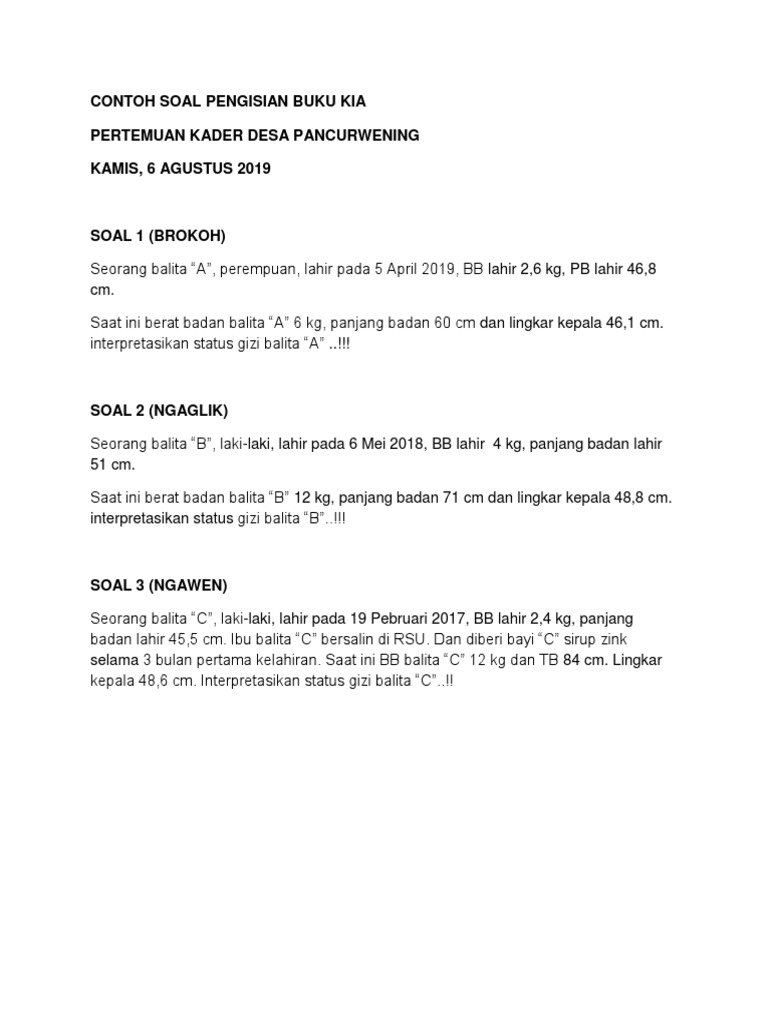 Contoh Soal Pengisian Buku Kia, Pancurwening 5-9-19 | PDF