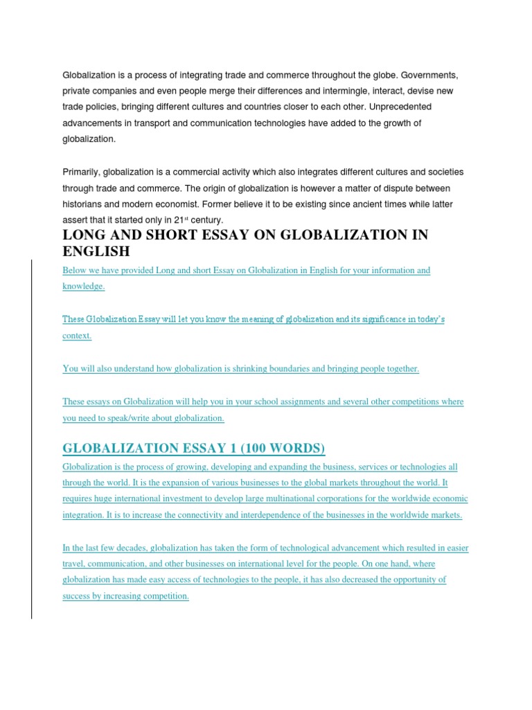 Long and Short Essay On Globalization in English | PDF | Trade | Business