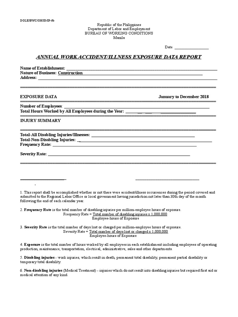 Annual Work Accident/Illness Exposure Data Report: Dole/Bwc/Ohsd/Ip-6B ...