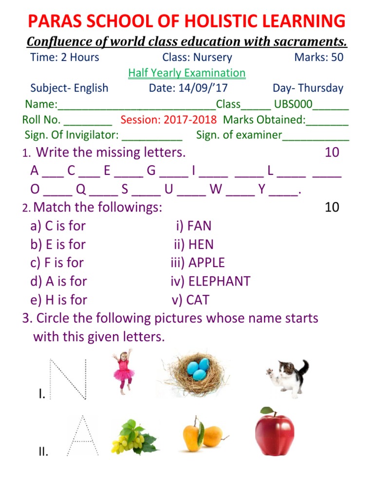 Question Paper of Class Nursery PDF | PDF