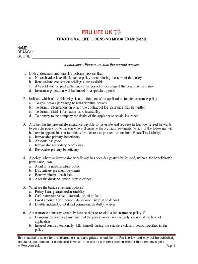 Life Insurance Exam for Agents | PDF | Life Insurance | Insurance