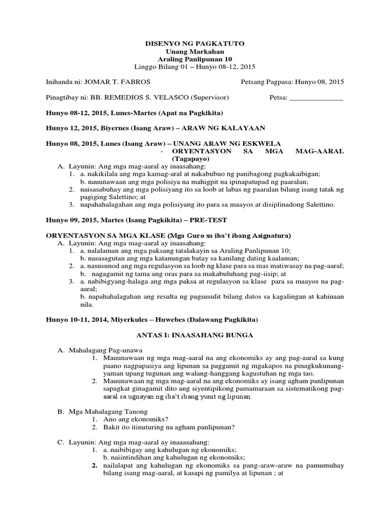 AP 10 Disenyo NG Pagkatuto 1 | PDF