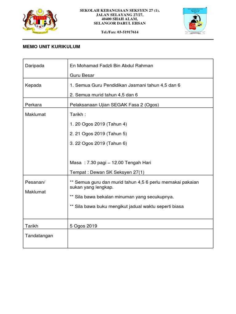 Memo Segak OGOS | PDF