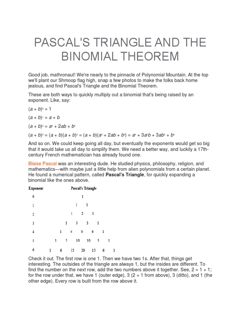 Pascal's and Binomial Theorem | PDF | Elementary Mathematics | Algebra