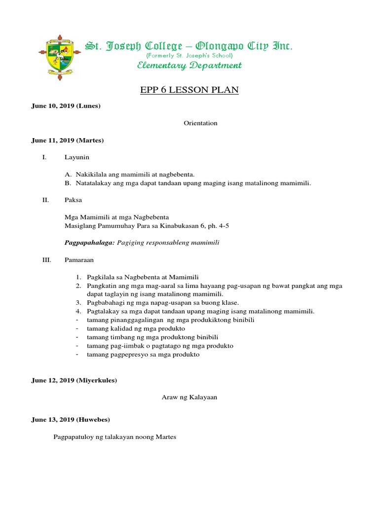 Epp 6 Lesson Plan 2019-2020 | PDF