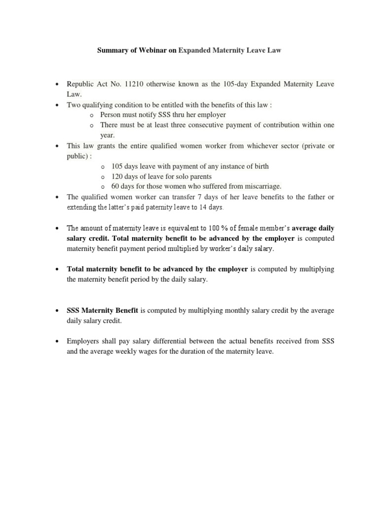 Summary of Webinar On Expanded Maternity Leave Law | PDF | Parental ...