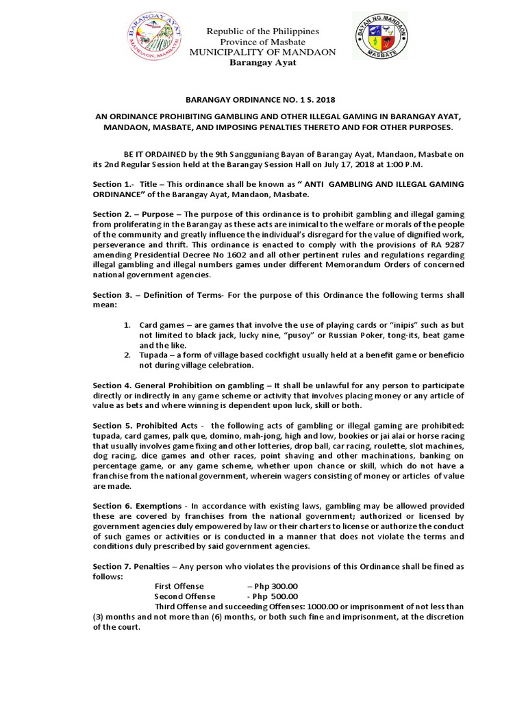Barangay Ordinance No.1 | PDF | Gambling | Government Information