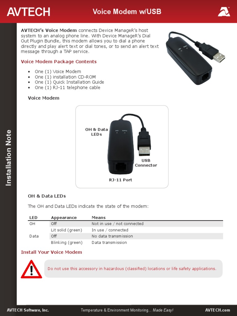 Voice Modem Package Contents: Avtech'S Voice Modem Connects Device ...