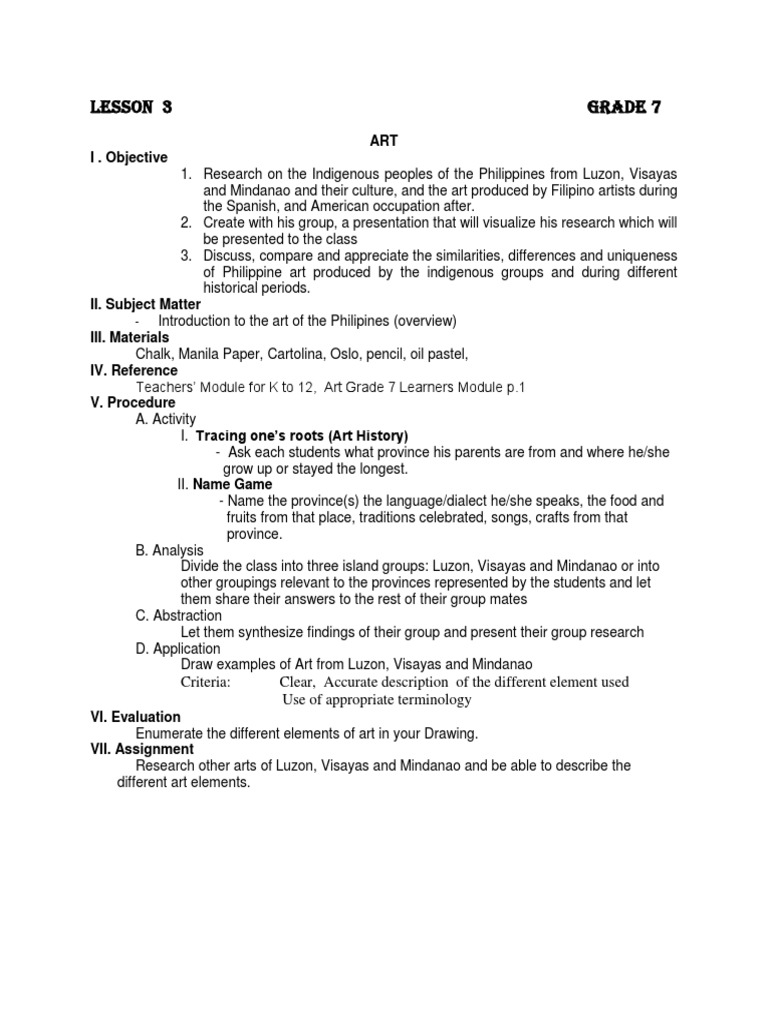 Arts LESSON 3 Grade 7 | PDF | Philippines | Drawing