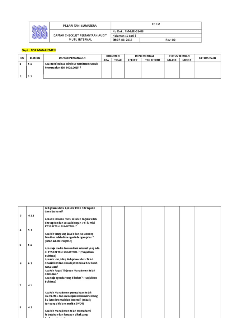 Checklist Audit Internal ISO 9001:2015 | PDF