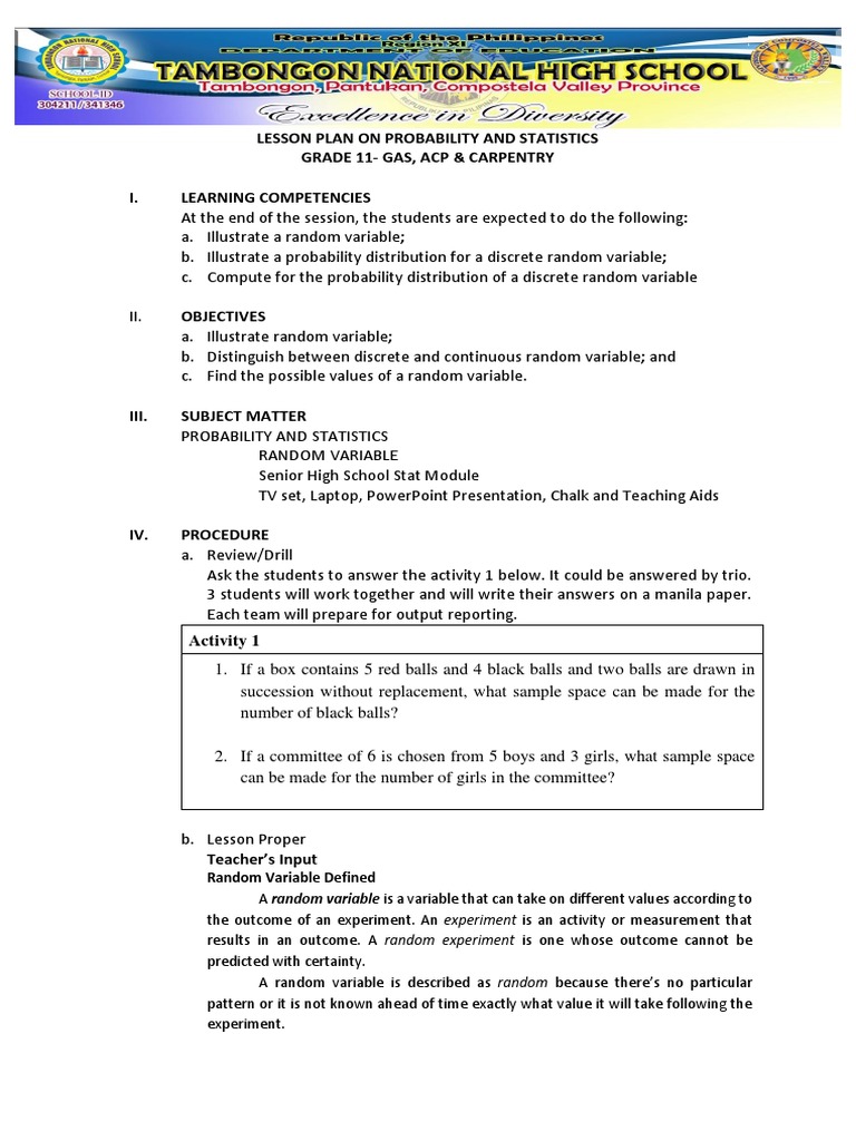 Lesson Plan On Probability and Statistics Grade 11-Gas, Acp & Carpentry I. Learning Competencies ...