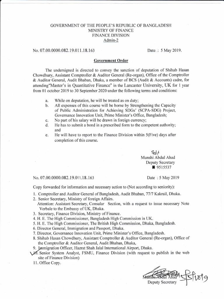 Deputation Order Shihab Hasan Chowdhury | PDF | Government