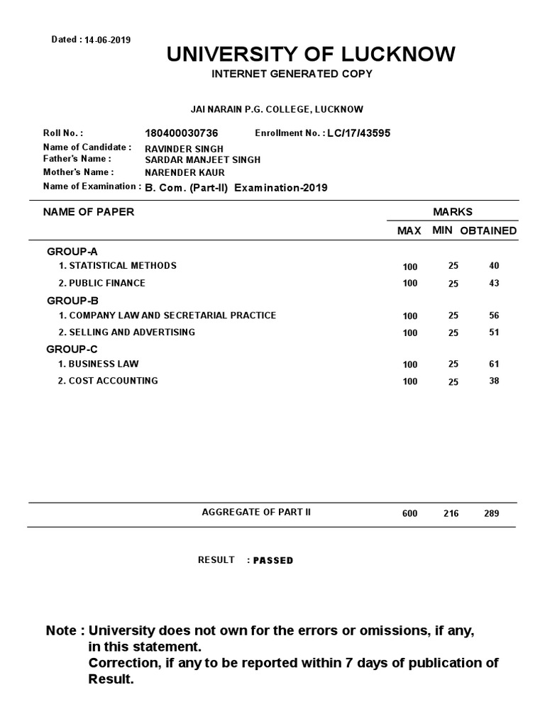 Marksheet of Graduation | PDF