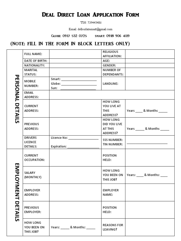 Deal Direct Loan Application Form: (Note: Fill in The Form in Block ...
