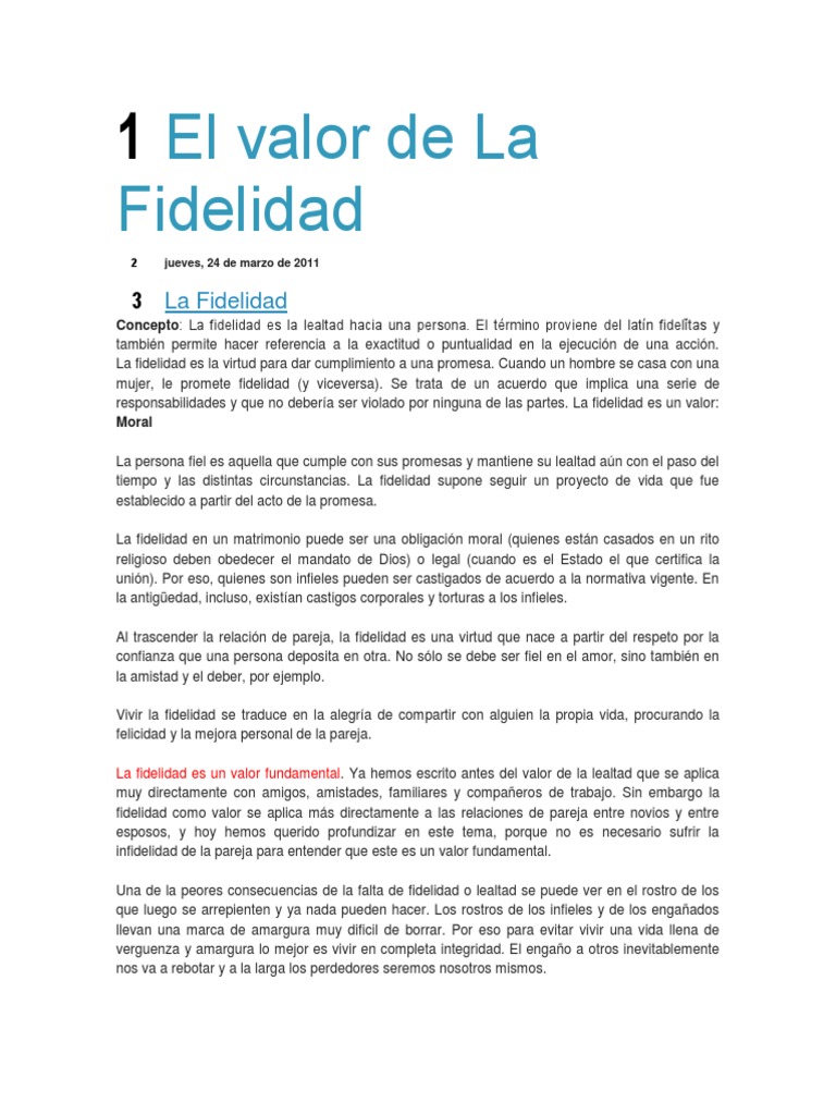 El Valor de La Fidelidad | Descargar gratis PDF | Lealtad | Familia