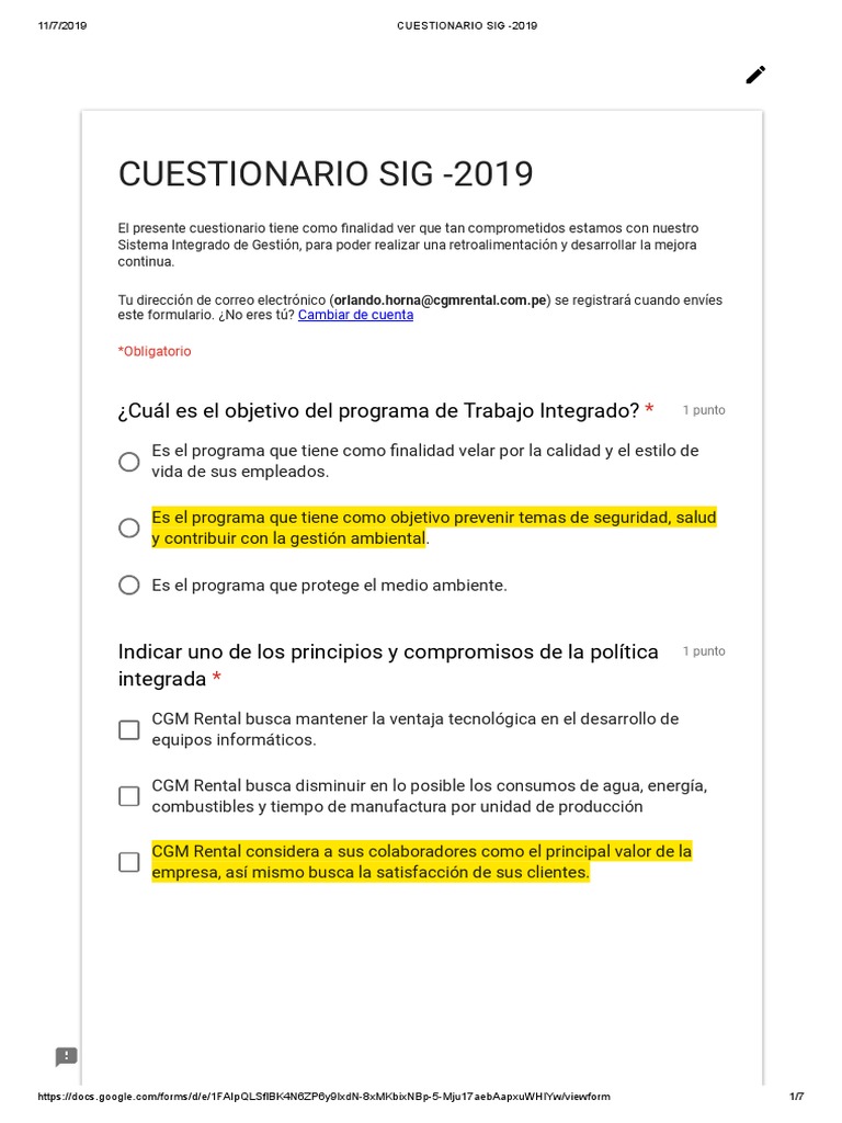 Cuestionario Sig | PDF | Seguridad y salud ocupacional | Business