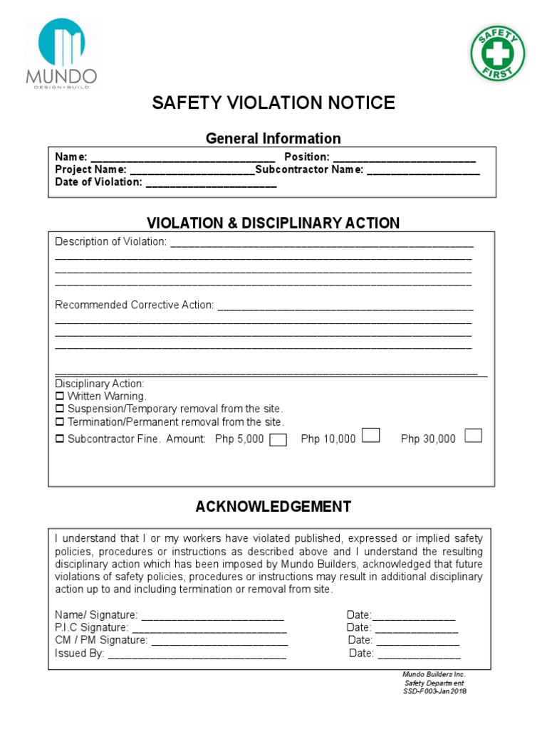 Safety Violation Notice Document Outlining an Incident, Corrective ...