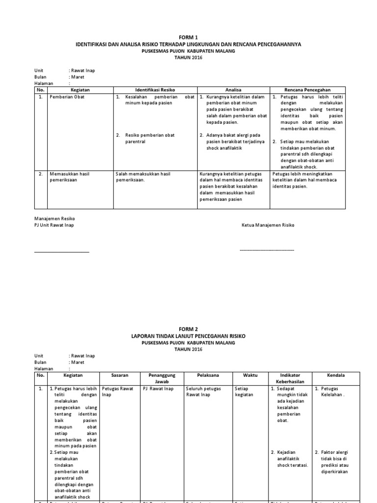 Contoh Manajemen Risiko Di Rawat Inap | PDF