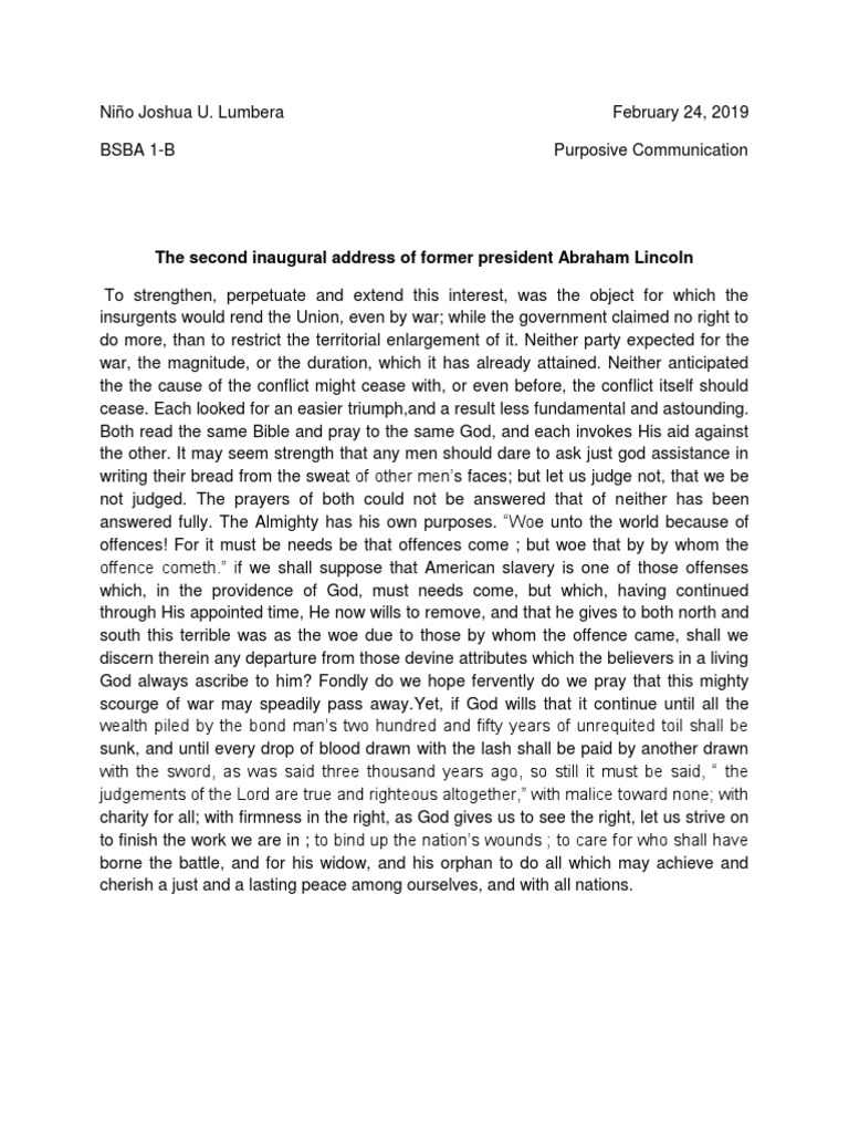 The Second Inaugural Address of Former President Abraham Lincoln | PDF