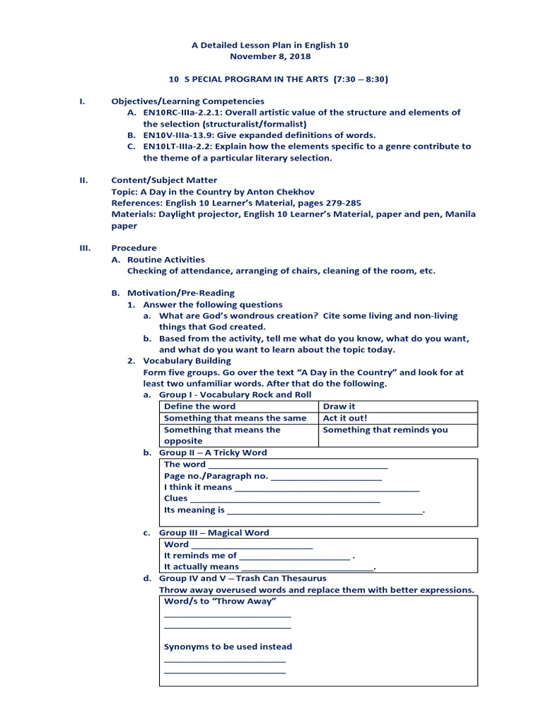 A Detailed Lesson Plan in English 10 (A Day in A Country) | Download ...