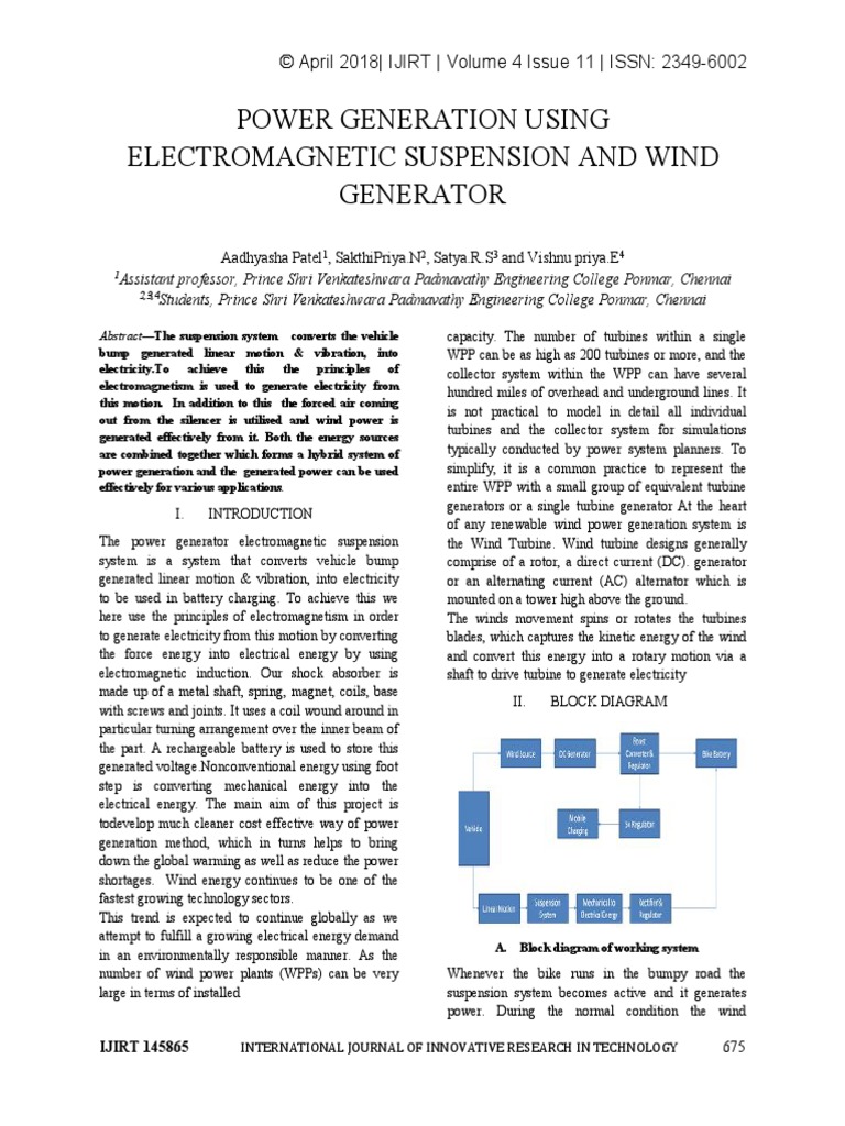 Power Generation Using Electromagnetic Suspension and Wind Generator ...