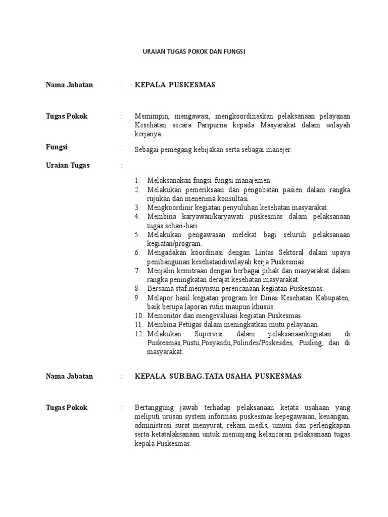 2.3.1.1 Uraian Tugas Pokok Dan Fungsi Petugas | PDF | Karier & Perkembangan