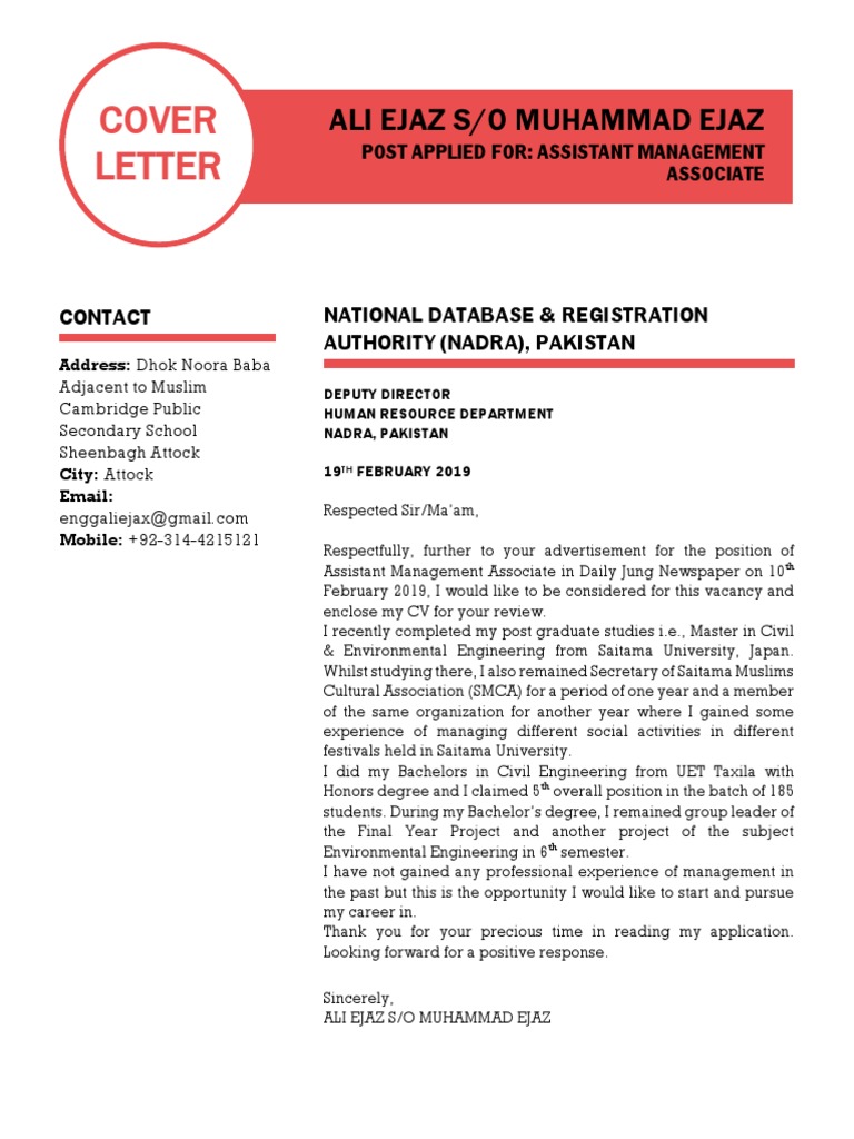 Cover Letter: Ali Ejaz S/O Muhammad Ejaz | PDF | Academic Degree | Academia