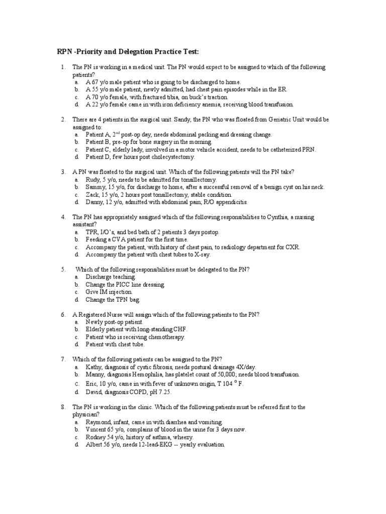 RPN Priority and Delegation Practice Test | PDF | Intravenous Therapy ...