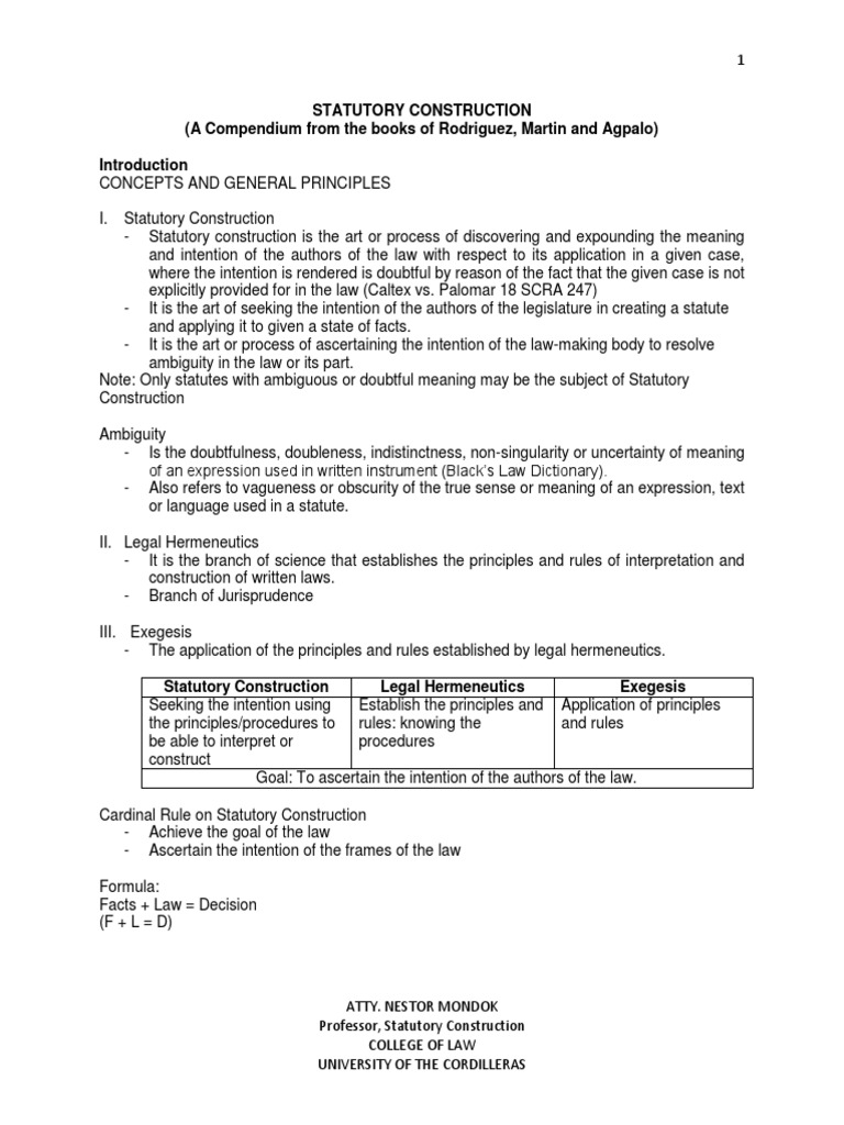 Statutory Construction (A Compendium From The Books of Rodriguez ...