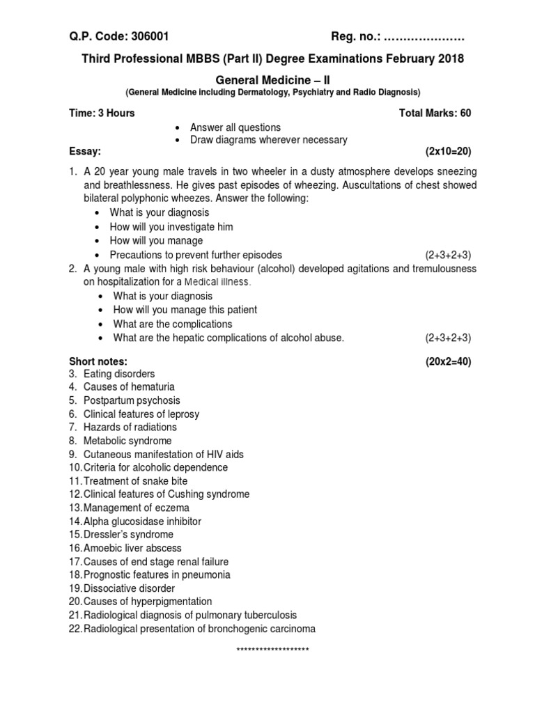 Q.P. Code: 306001 Reg. No.: Third Professional MBBS (Part II) Degree ...