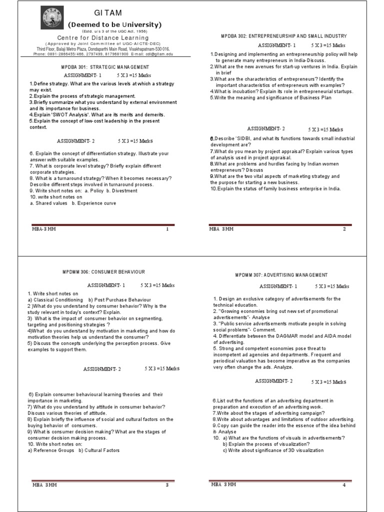 MBA - MM Third Semester Assignments | PDF | Strategic Management | Consumer Behaviour