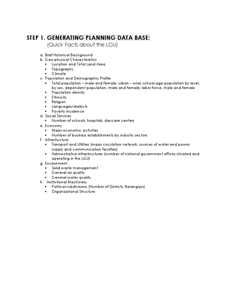 Step 1. Generating Planning Data Base:: (Quick Facts About The LGU ...