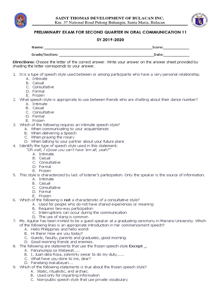 Oral Communication Exam: Speech Styles | PDF | Conversation | Human ...