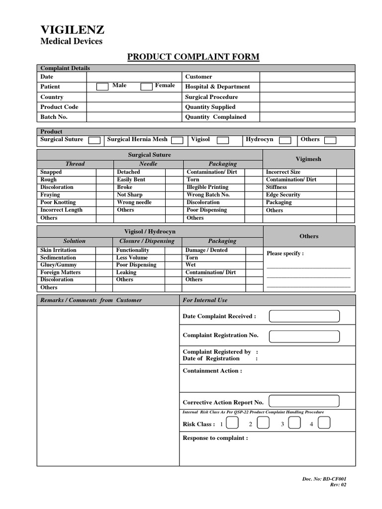 Medical Device Complaint Form | PDF | Surgical Suture | Surgery
