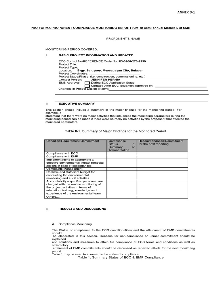 Pro-Forma Proponent Compliance Monitoring Report (CMR) : Semi-Annual ...