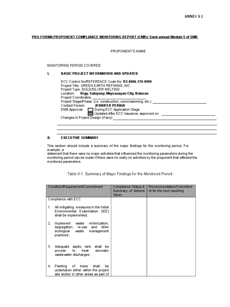 Pro-Forma Proponent Compliance Monitoring Report (CMR) : Semi-Annual ...