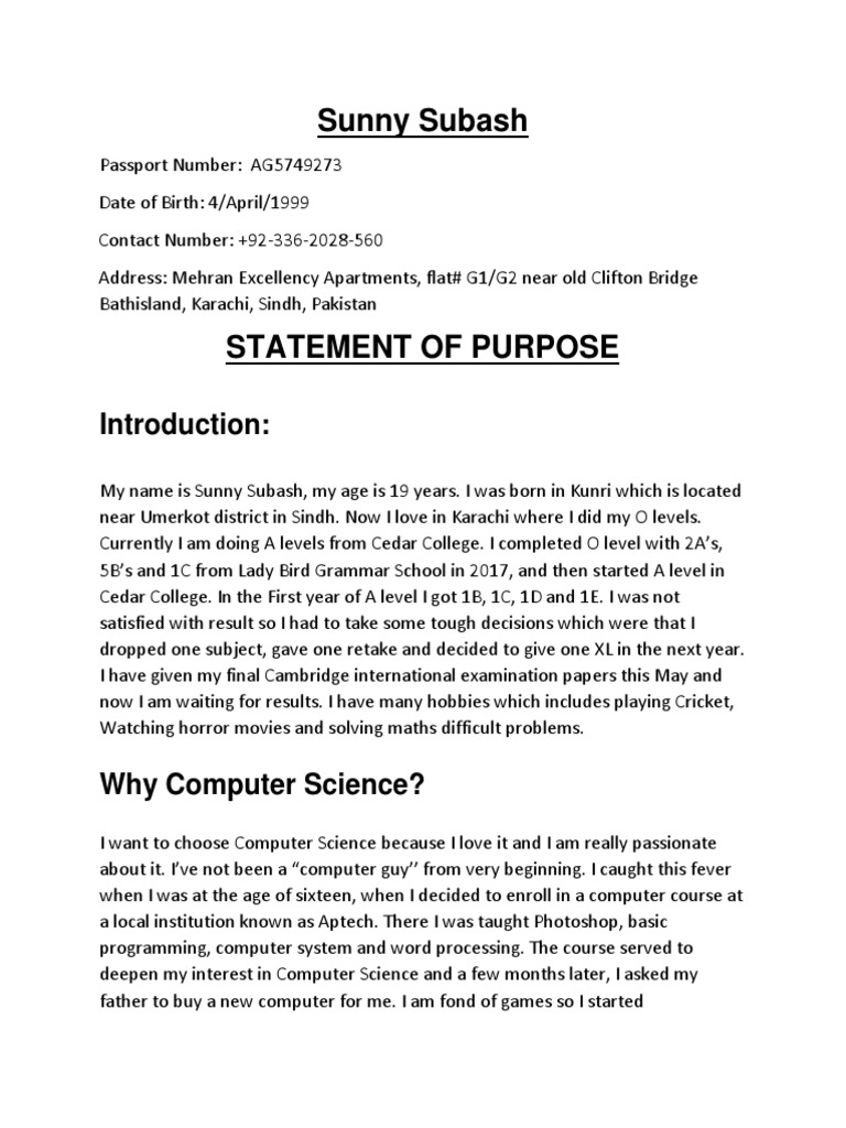 Statement of Purpose | PDF | Travel Visa | Computer Science